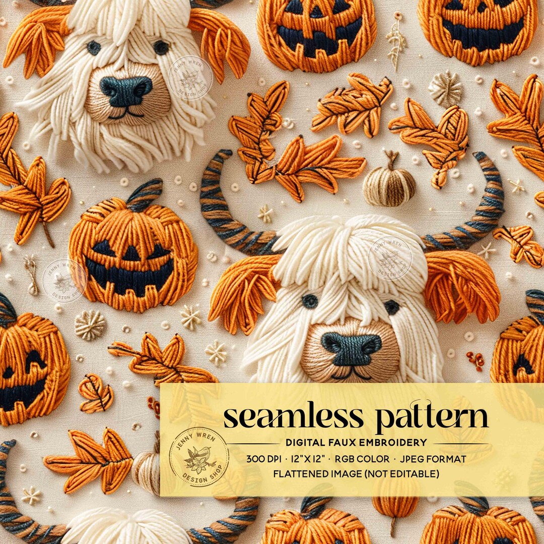 Fall Halloween Highland Cow Seamless Pattern, Highland Cows and ...