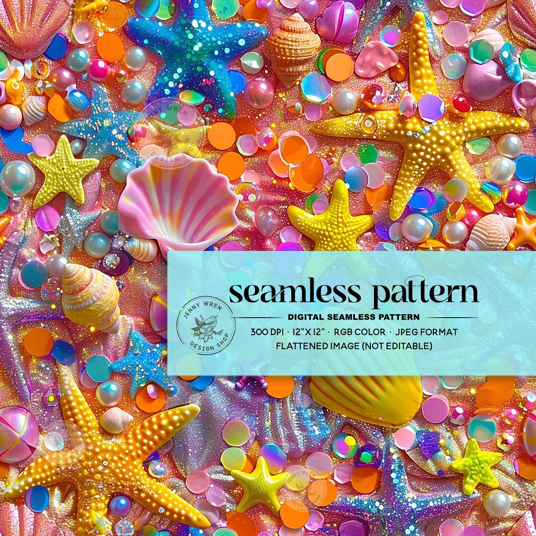 3D Neon Summer Seashells Seamless Pattern, Funky Summer Beach Digital ...
