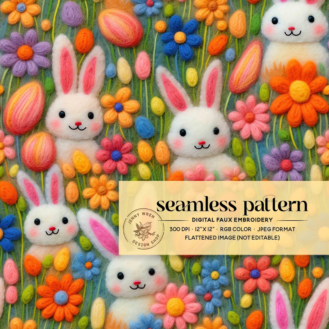 Floral Easter Bunny Faux Embroidery Seamless Pattern, Colorful Spring ...