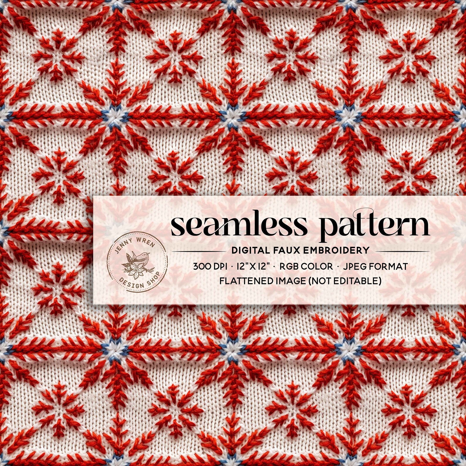 Snowflakes Faux Embroidery Seamless File, Red Snowflake Seamless ...
