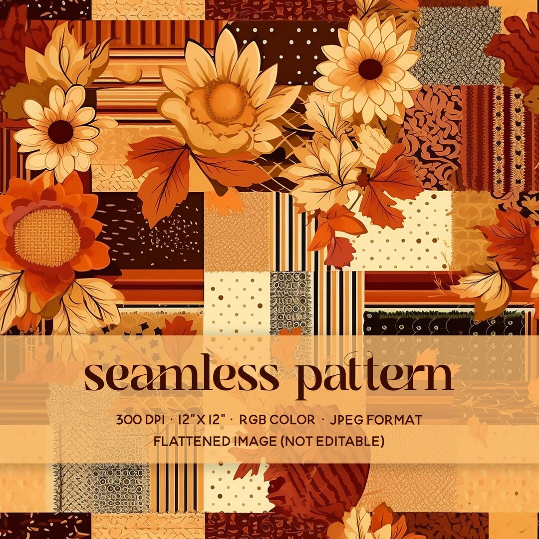 Boho Herbst Patchwork nahtlos, Retro Herbst Patchwork nahtlose Muster, Herbst Blumen digitales ...