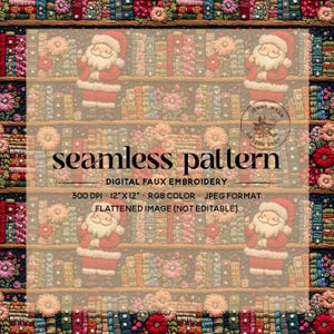 Vintage Bookish Santa Seamless Pattern, Christmas Santa Bookshelf Faux ...