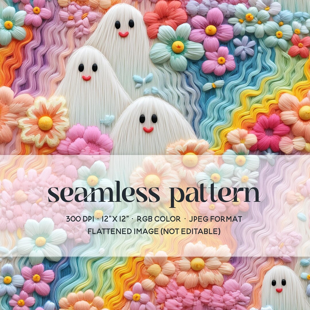 Rainbow Ghost Embroidery Seamless, Pastel Halloween Pattern, Cute ...