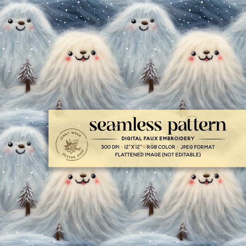 Snow Monster Yeti Faux Embroidery Seamless, Winter Wonderland Yeti ...