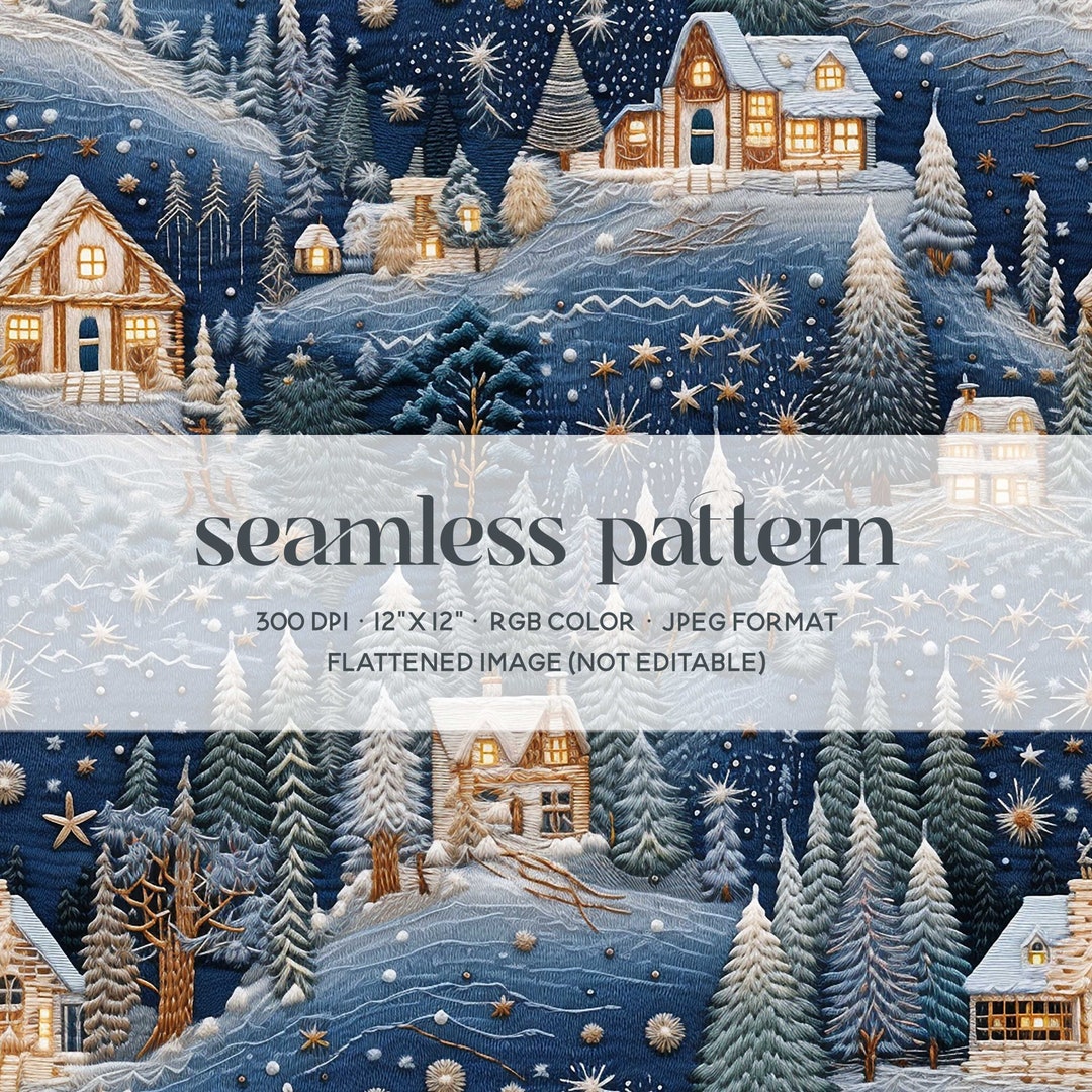 Christmas Village Seamless Pattern, Winter Night Embroidery Seamless ...