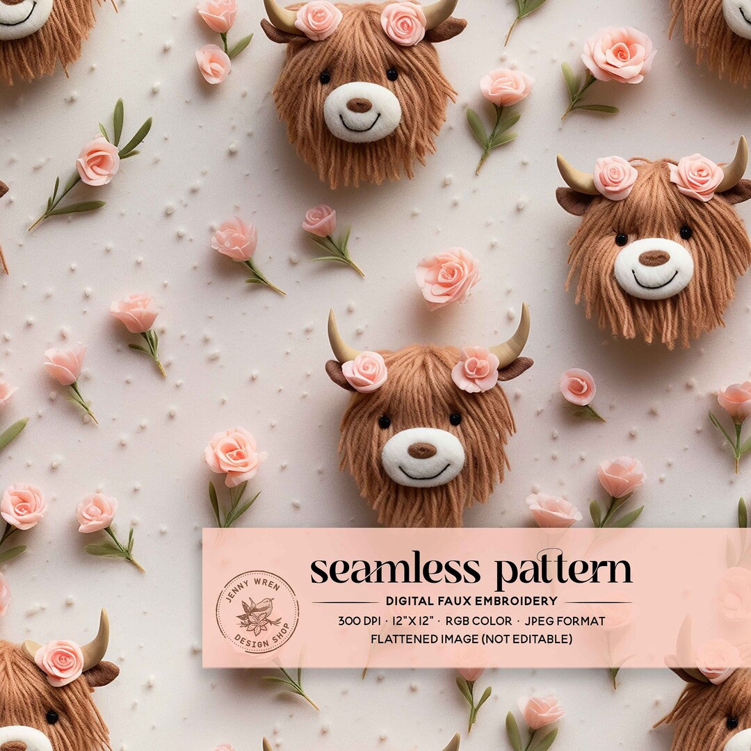 Valentines Day Highland Cow and Roses Seamless Pattern, Floral Highland ...