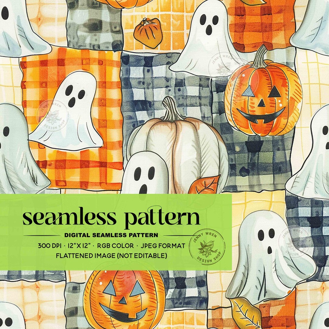 Checkered Ghosts and Pumpkins Seamless Pattern, Retro Halloween Patchwork Digital Paper for ...