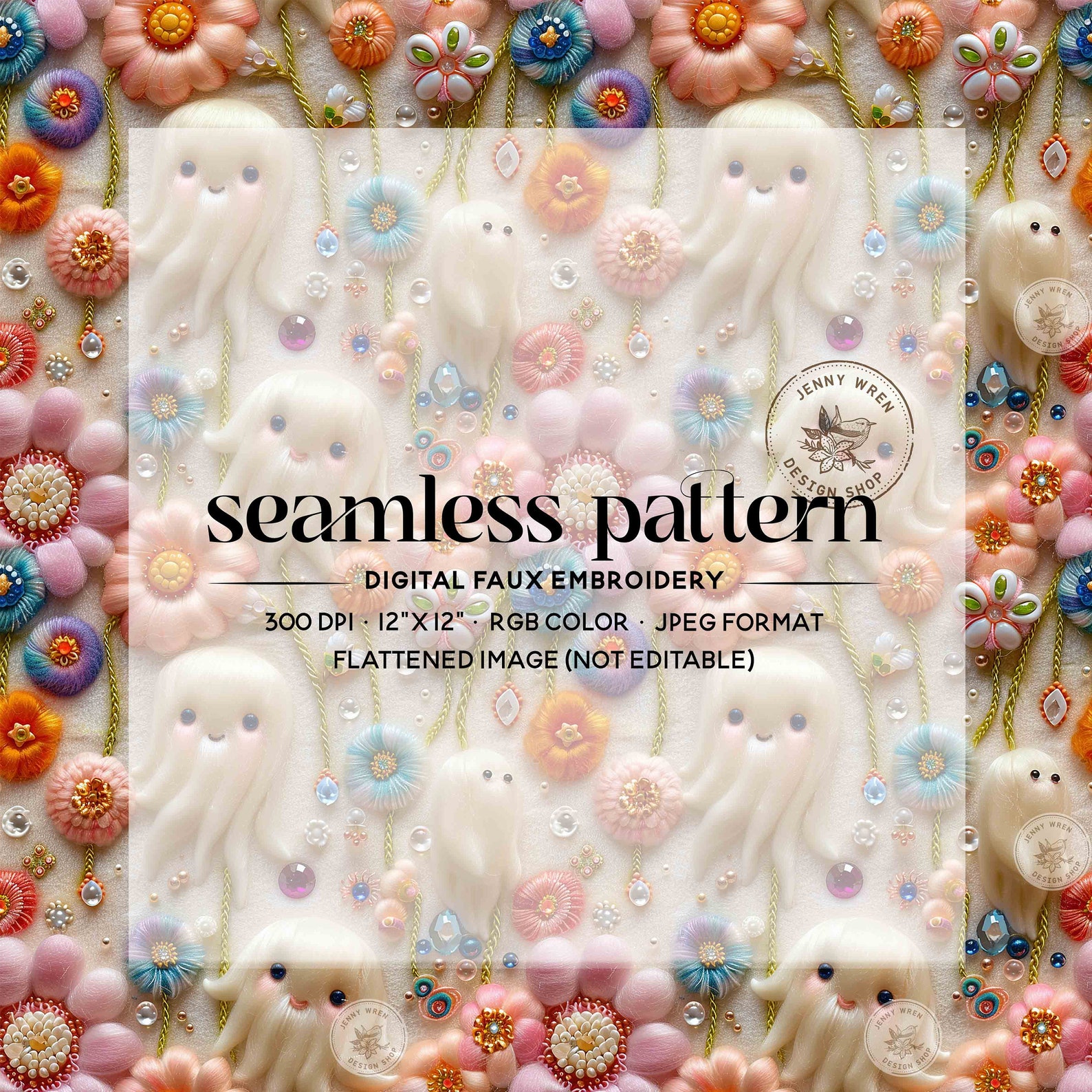 Cute Ghosts and Flowers Seamless Pattern, 3D Floral Halloween Faux ...