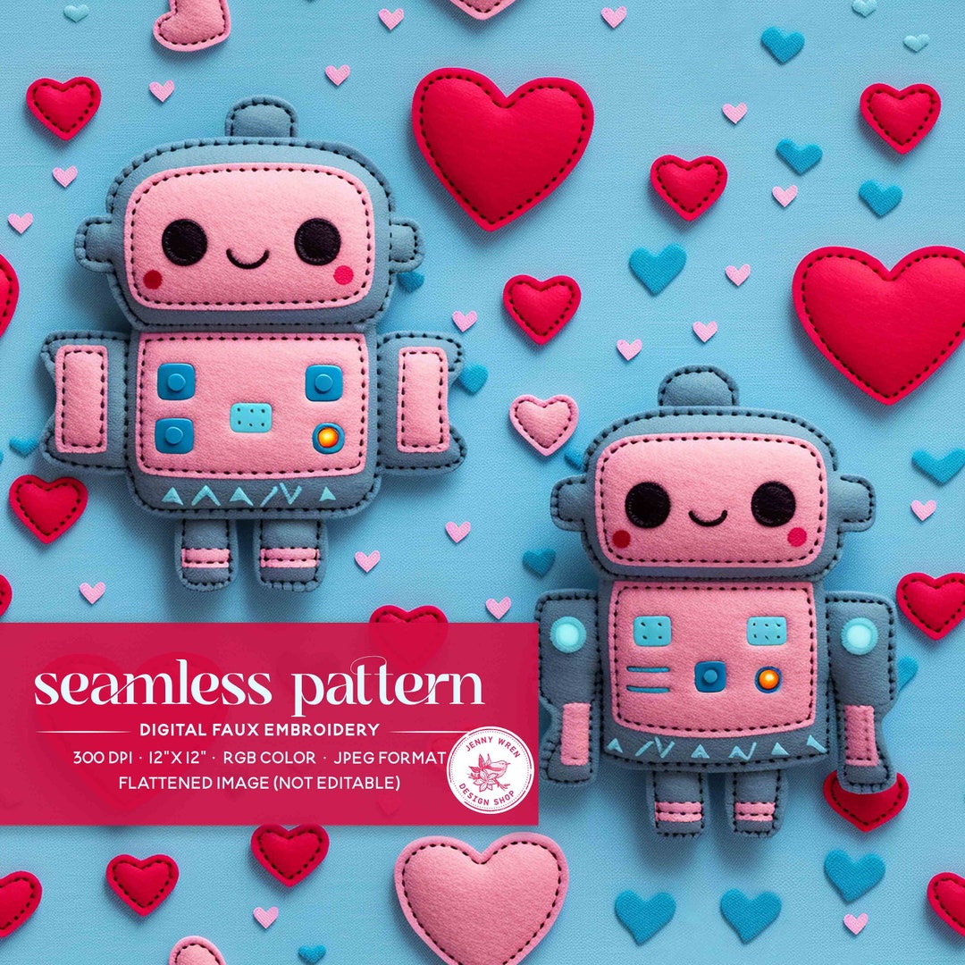 Cute Valentines Robot Faux Embroidery Seamless File, Retro Love Robots ...