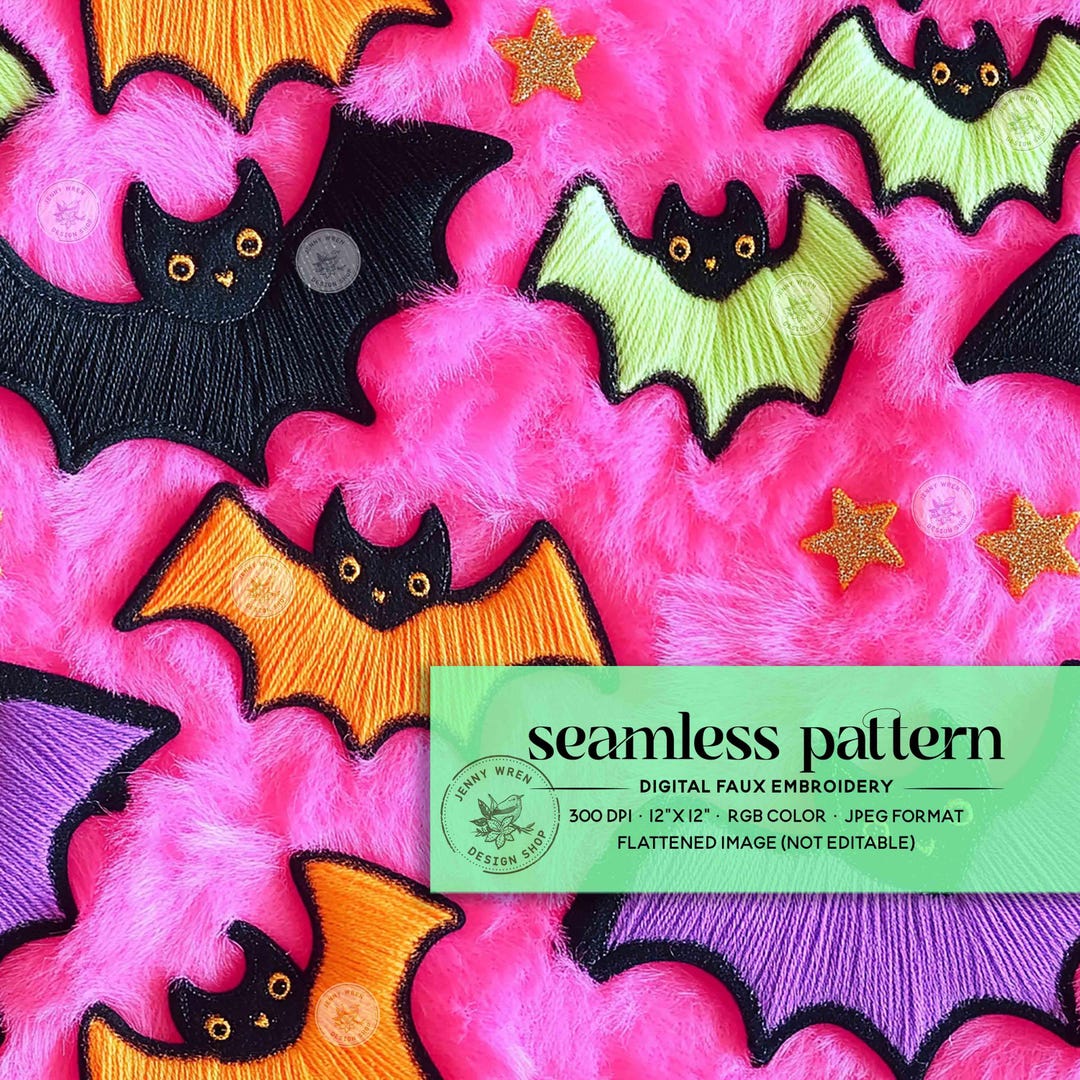 3D Neon Halloween Bats Seamless Pattern, Cute Bats and Glittery Stars ...