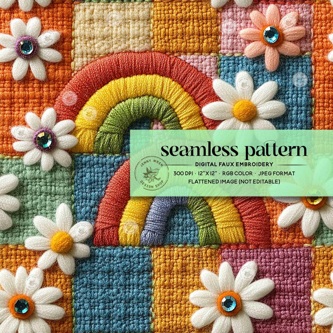 Retro Groovy Floral Rainbow Seamless Pattern, Checkered Rainbows and ...