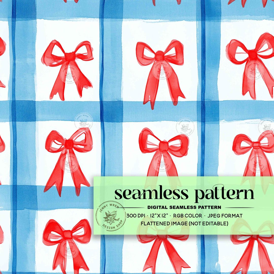 Red and Blue Gingham With Bows Seamless Pattern, 4th of July Checker ...