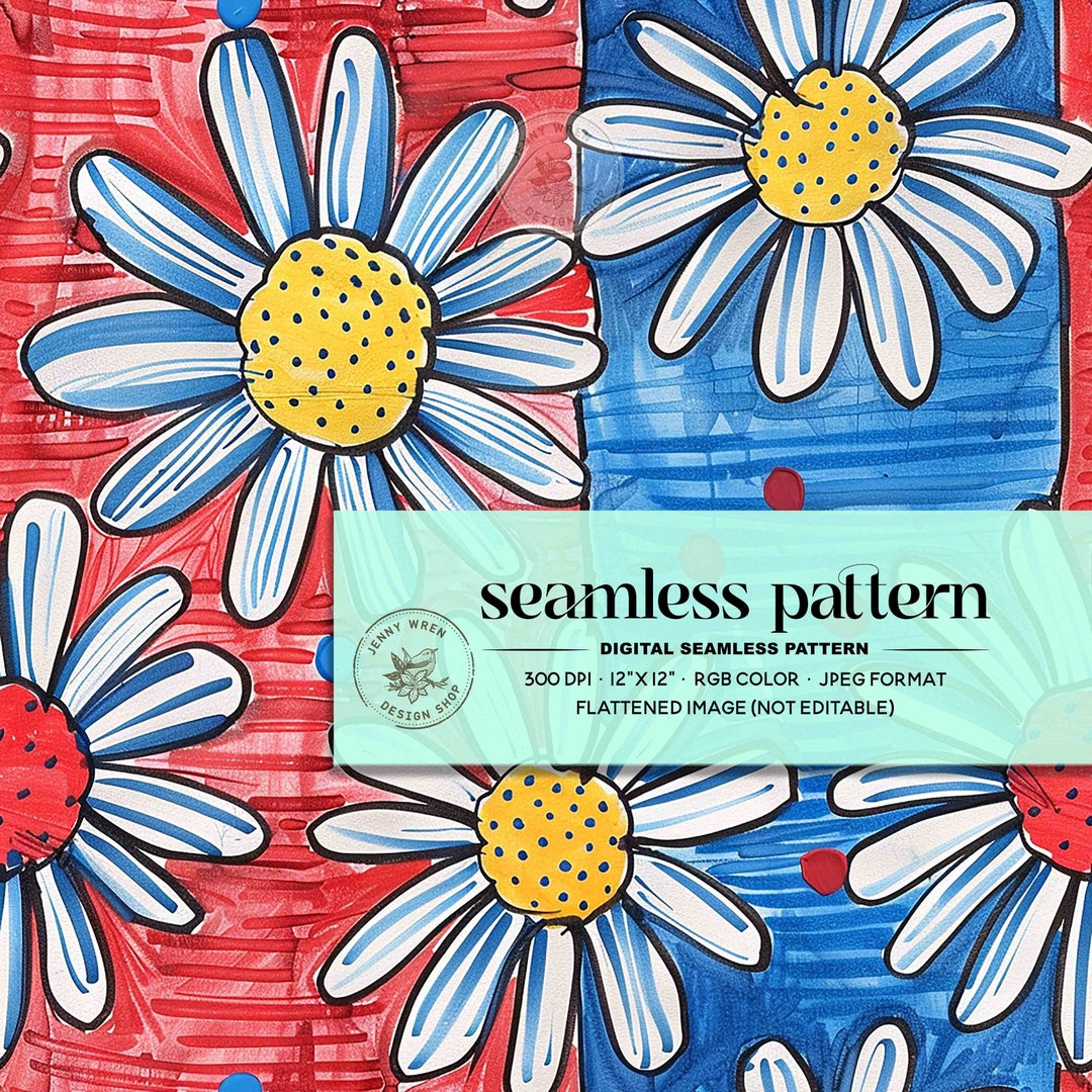 Red White and Blue Floral Seamless Pattern, USA Patriotic Flowers ...