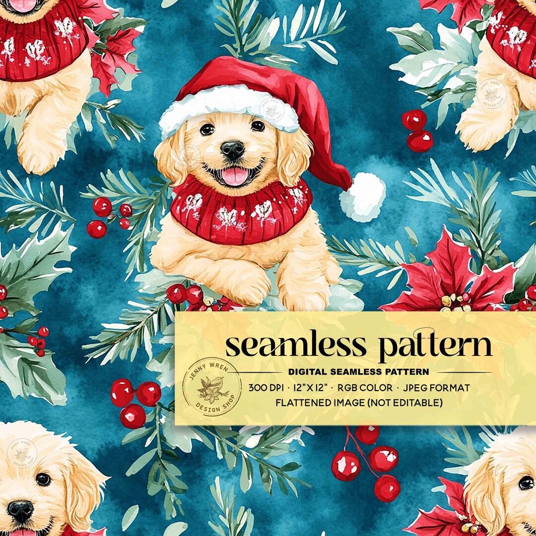Christmas Puppy Repeating Seamless Pattern, Cute Santa Golden Retriever ...
