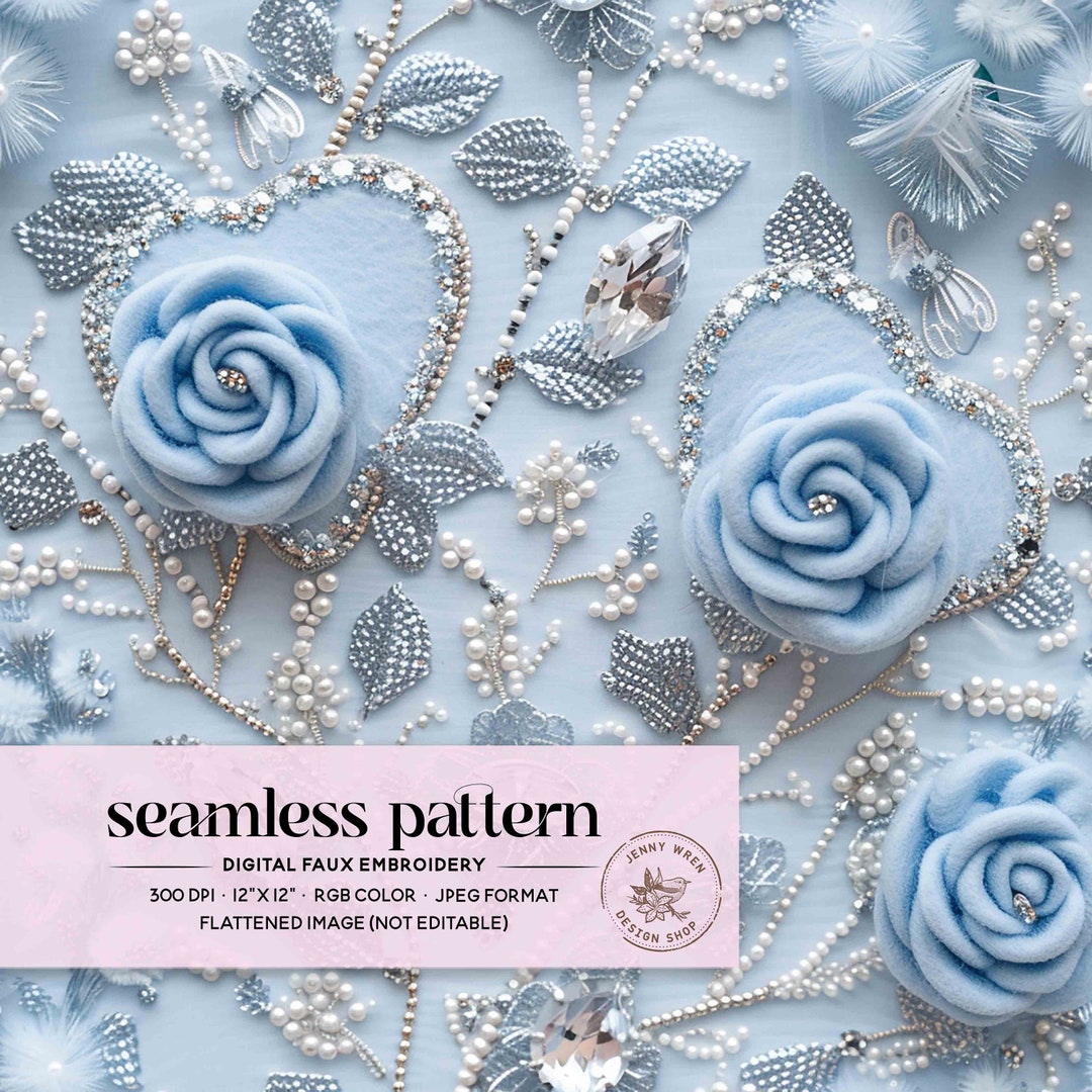 Blue and Silver Floral Faux Embroidery Seamless File, 3D Light Blue ...