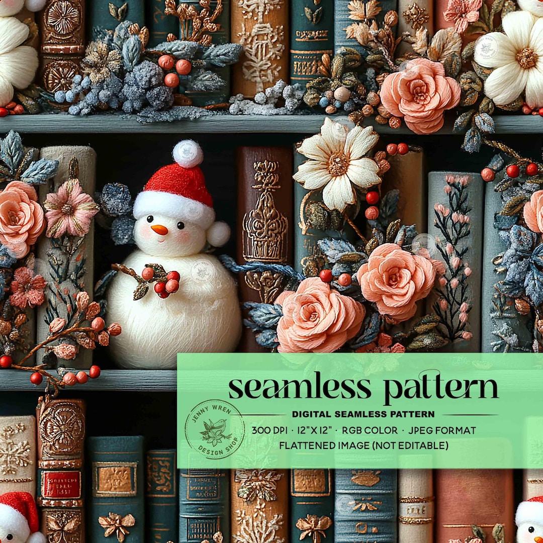 3D Bookish Snowman Seamless Pattern, Floral Winter Bookshelf Digital ...