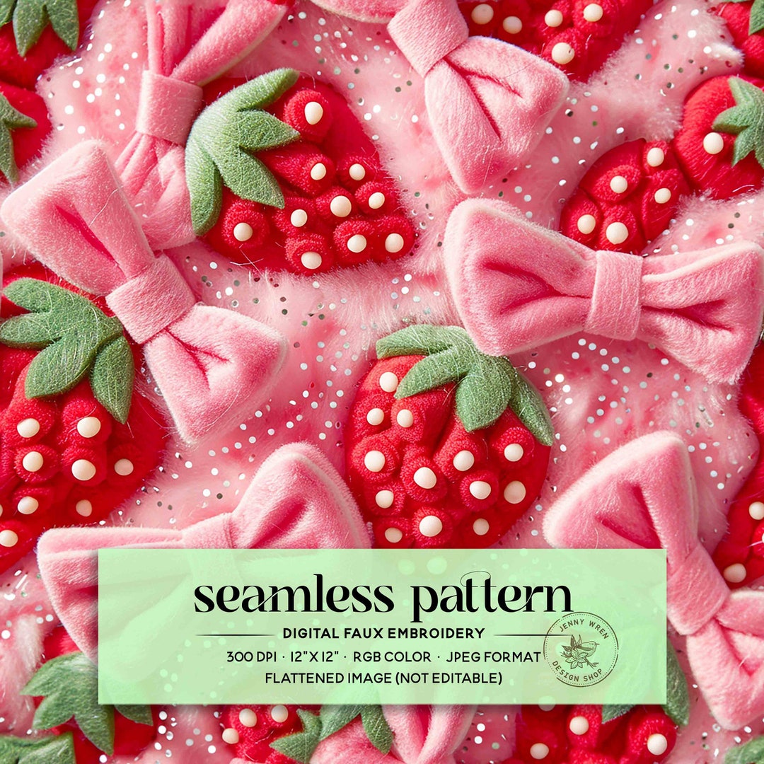 3D Coquette Strawberry With Pink Bow Seamless Pattern, Cute ...