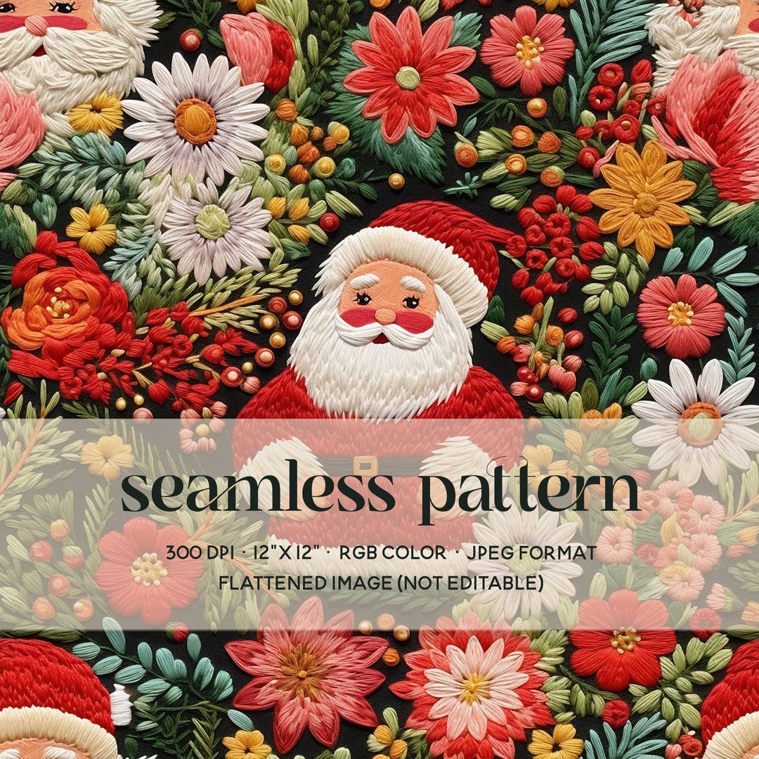Vintage Santa Embroidery Seamless Pattern, Retro Santa Claus Digital ...