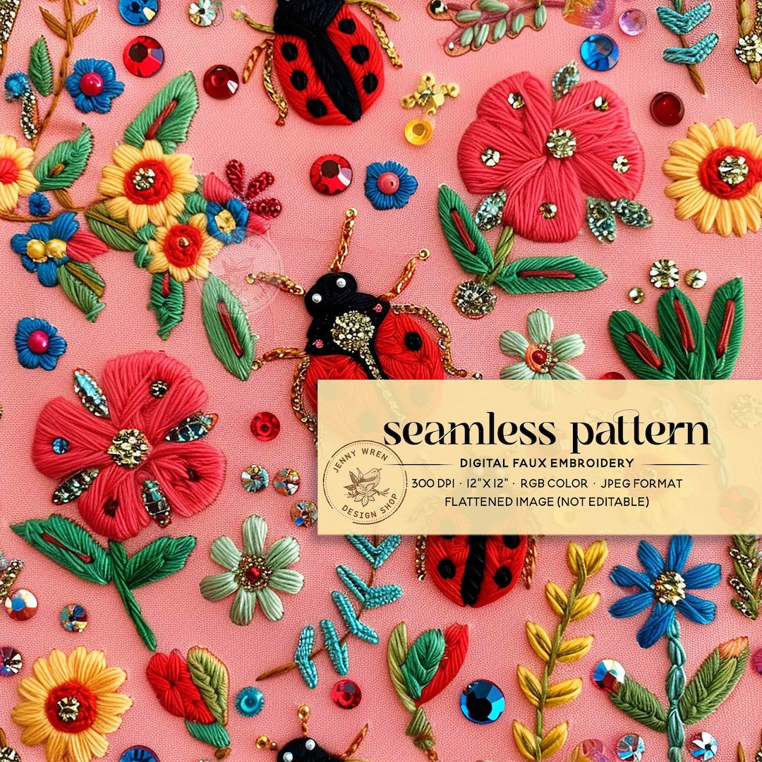 Lady Bug Floral Faux Embroidery Seamless File, Preppy Spring Floral ...