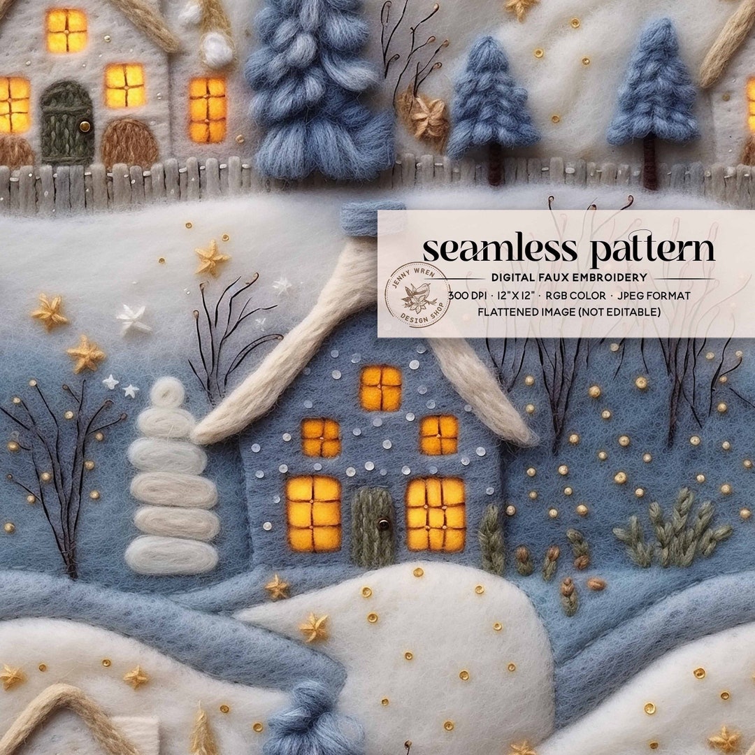 Felt Winter Village Seamless Pattern: 3D Christmas Faux Embroidery ...