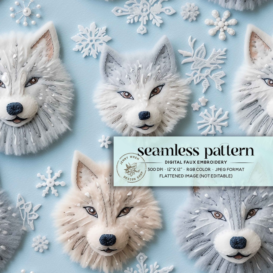 Blue Winter Wolf Seamless Pattern, Cute Wolf Faux Embroidery Seamless ...