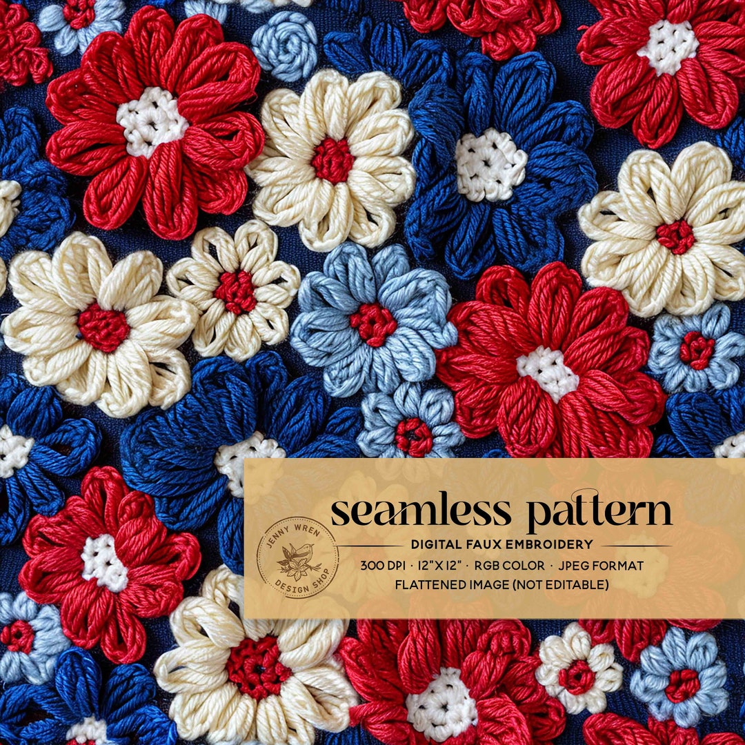 4th July Floral Faux Embroidery Seamless Pattern, Red White Blue ...