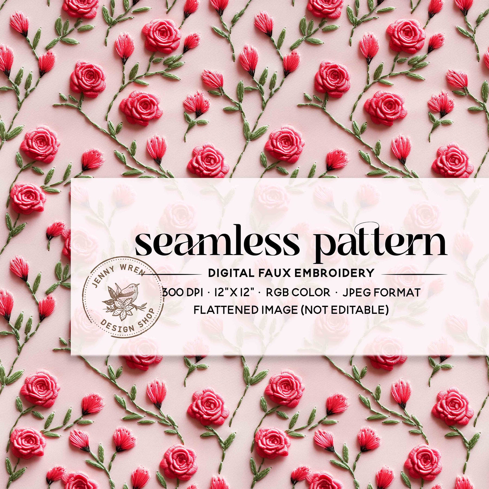 Valentine Roses Faux Embroidery Seamless File, Boho Valentines Floral ...