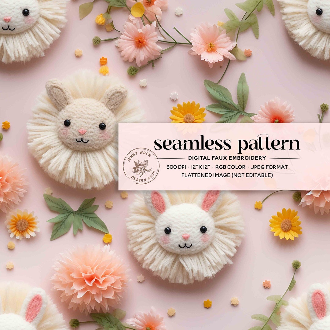 Boho Easter Bunny Faux Embroidery Seamless File, Boho Spring Bunny ...