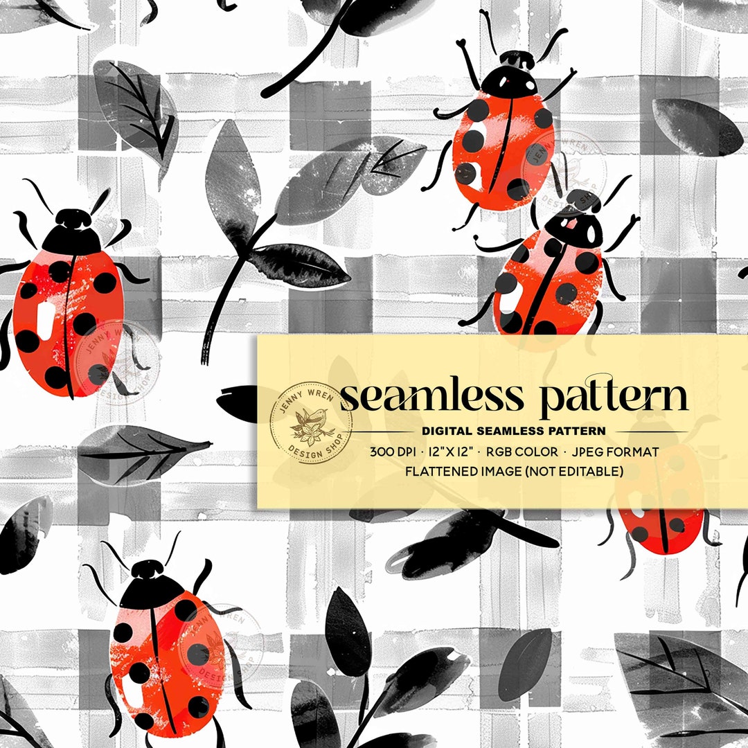 Retro Lady Bug Floral Seamless Pattern, Black White and Red Lady Bugs ...