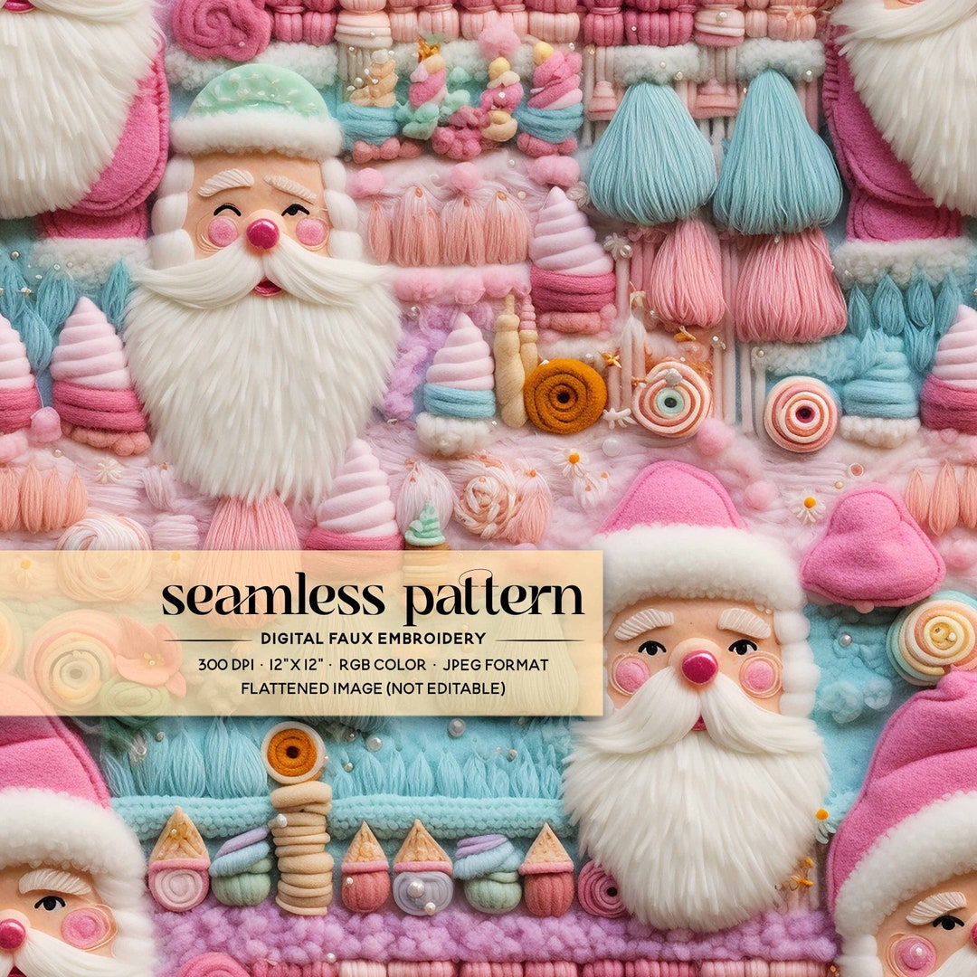 Santa Claus Faux Embroidery Seamless File, Cute Pastel Christmas ...