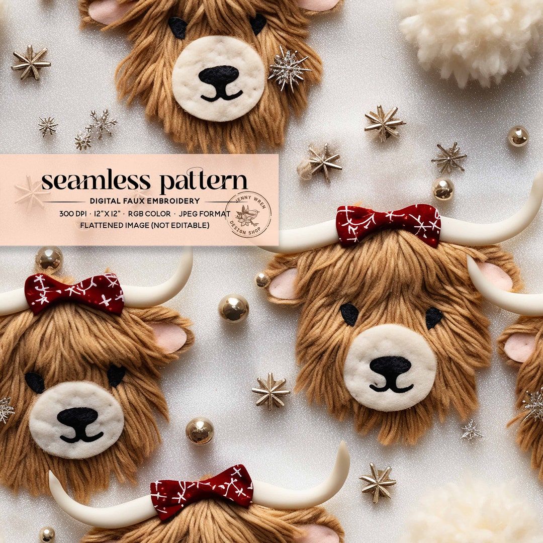 Cute Highland Cow Seamless Pattern File, Western Cow Faux Embroidery ...