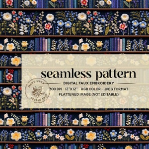 Floral Bookshelf Faux Embroidery Seamless Pattern, Blue Book Lover ...