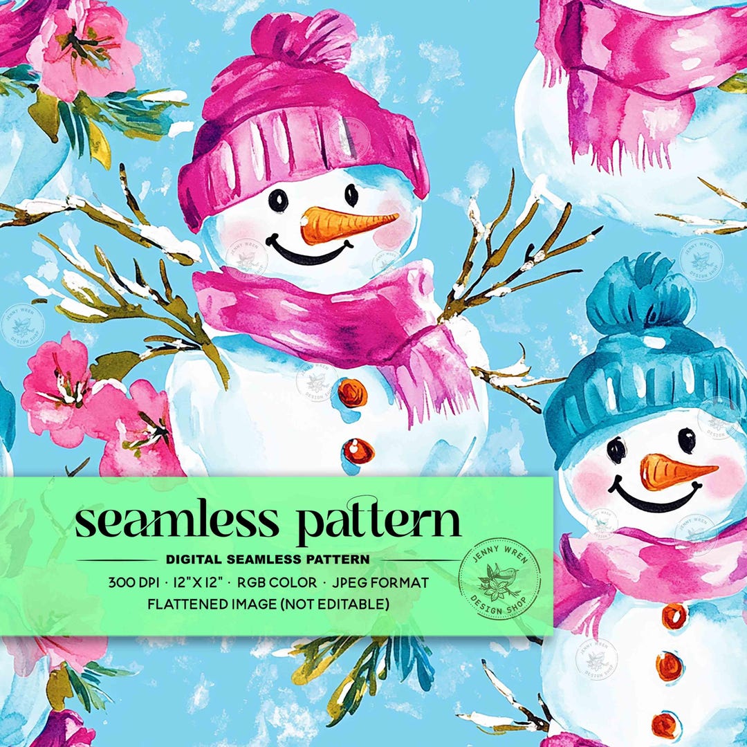 Preppy Snowman Seamless Pattern, Pink Blue Winter Snowman Digital Paper ...
