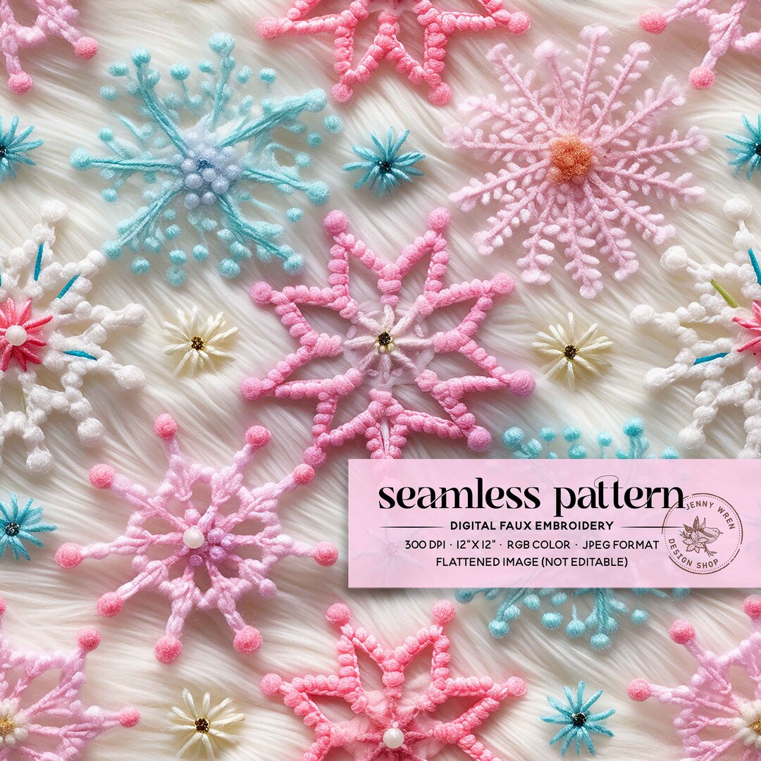 Pastel Snow Faux Embroidery Seamless File, Cute Snowflakes Seamless ...