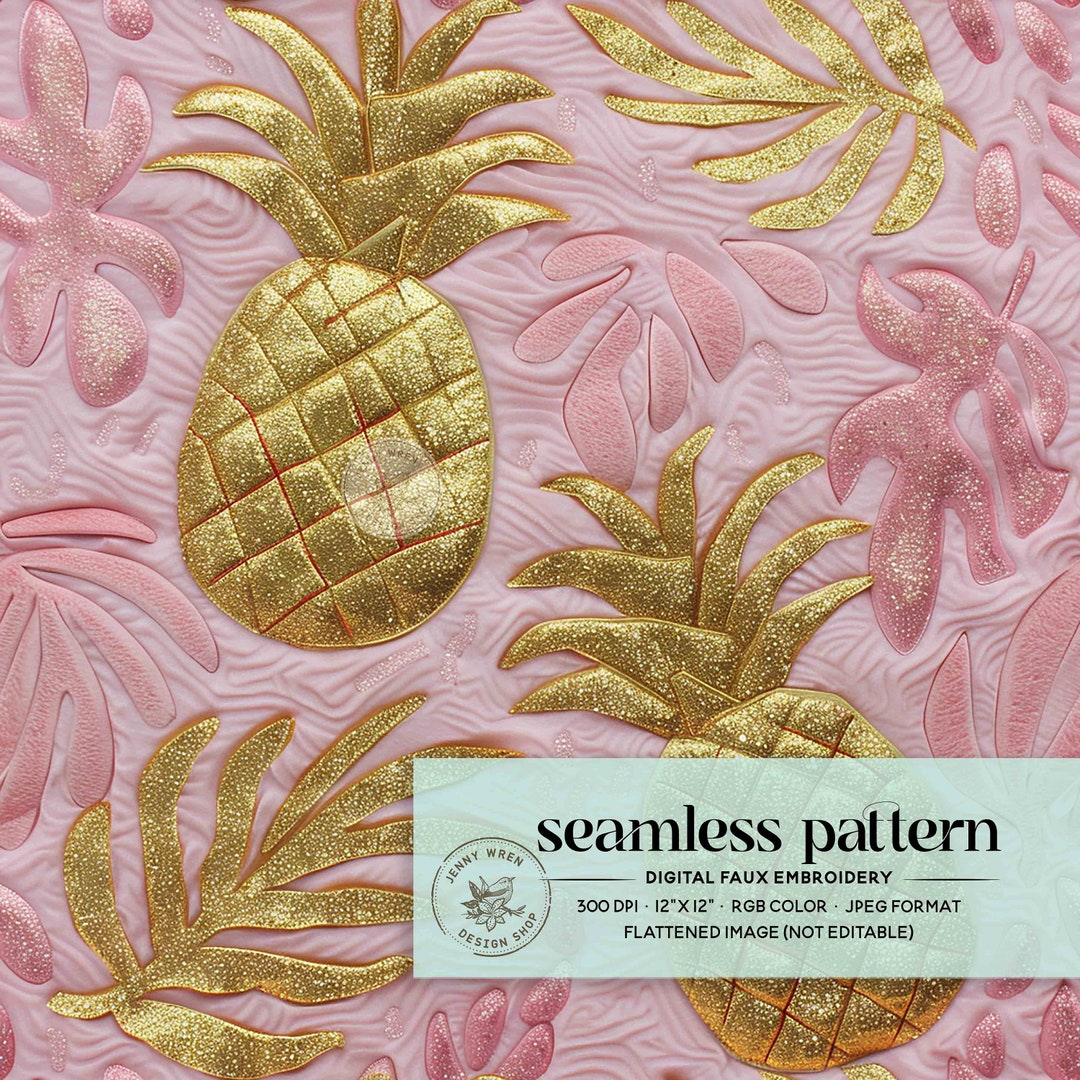Pink and Gold Pineapples Seamless Pattern, Exotic Leaves and Pineapple ...