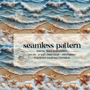 Ocean Waves & Starfish Seamless Pattern, Seashells Digital Paper ...