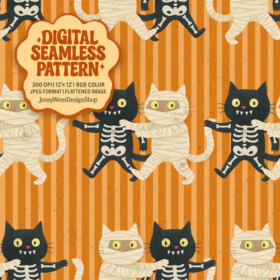 Vintage Halloween Black Cats Seamless Pattern, Retro Skeleton Mummy ...