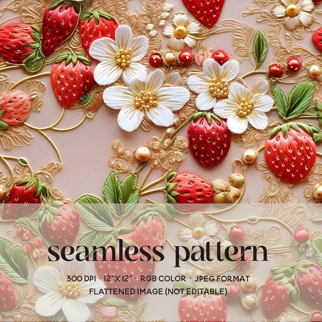Pink Strawberry Embroidery Seamless, Floral Embroidery Pattern ...