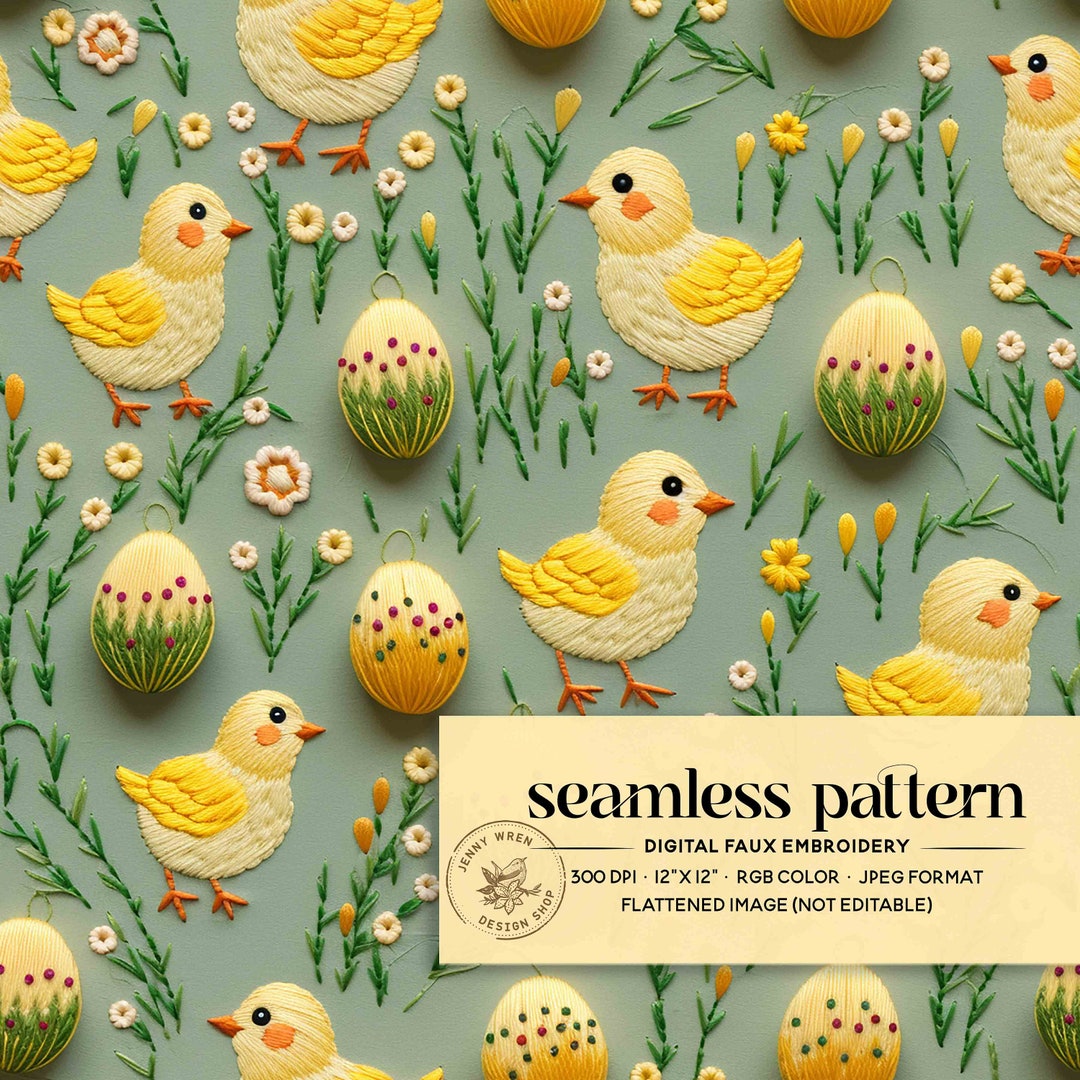Vintage Easter Chicks and Eggs Faux Embroidery Seamless File, 3D Retro ...