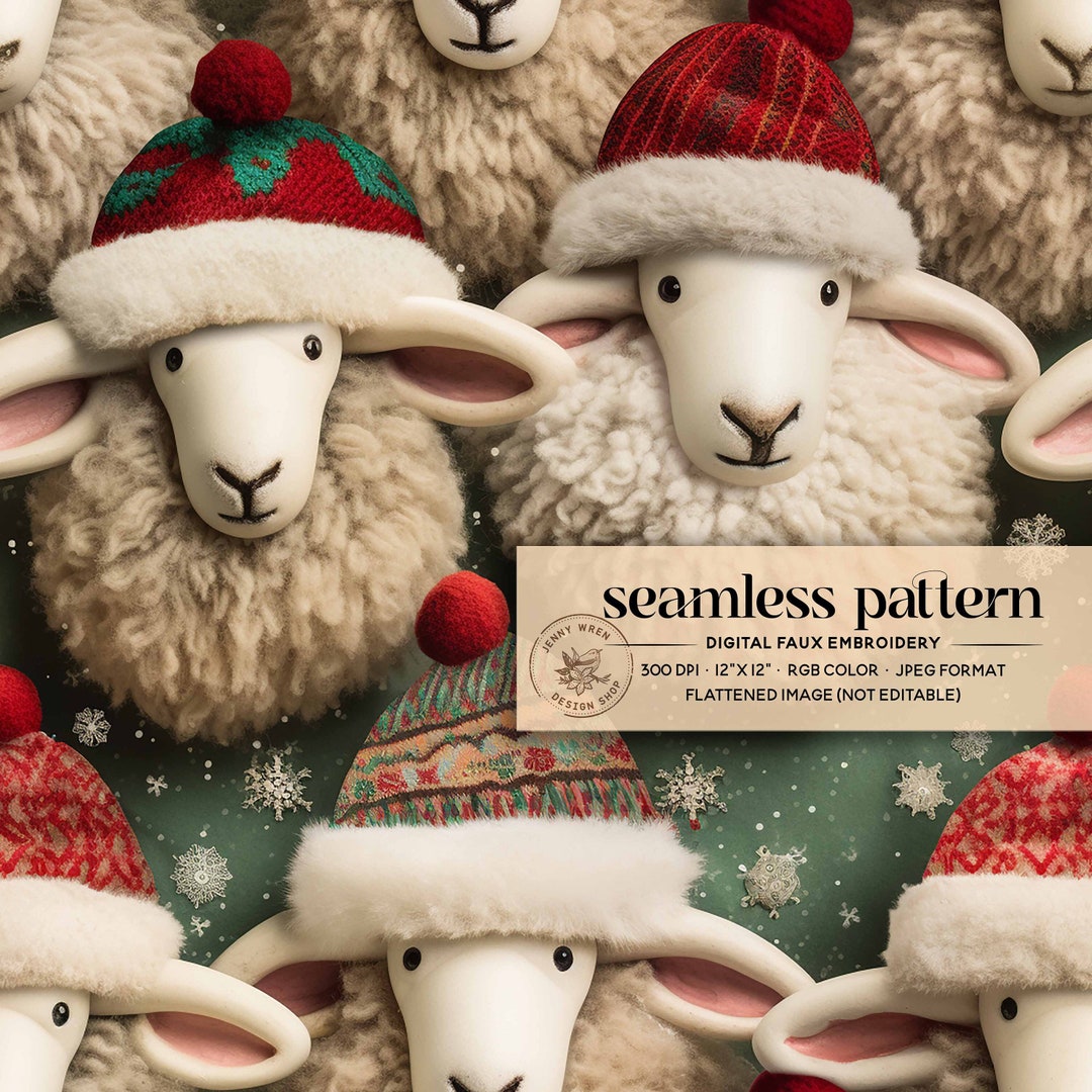 Christmas Sheep Faux Embroidery Seamless File, Xmas Animals Digital ...