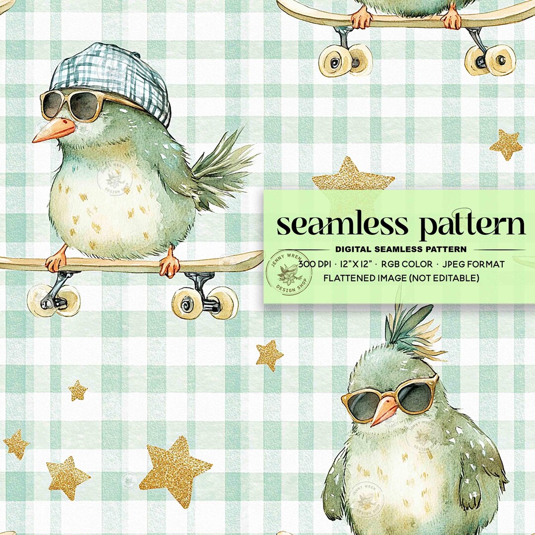 Skateboard Cool Kiwi Bird Seamless Pattern, Retro Skateboarding Birds ...