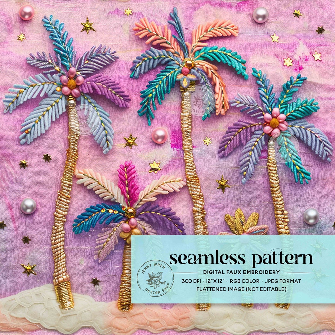 Preppy Tropical Palm Trees Seamless Pattern, 3D Palm Tree Island Faux ...