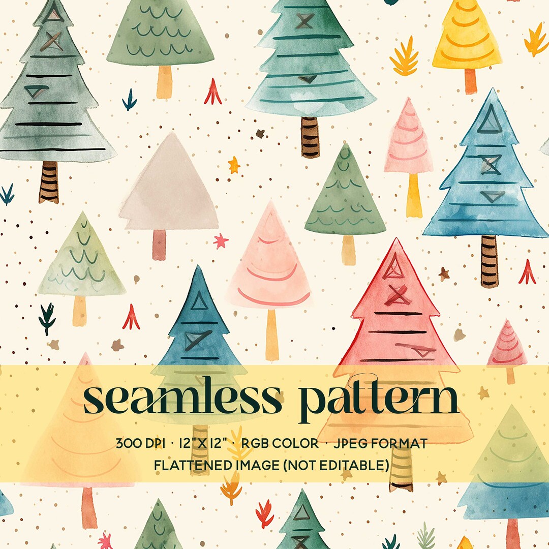 Retro Christmas Tree Digital Paper, Watercolor Christmas Tree Seamless ...