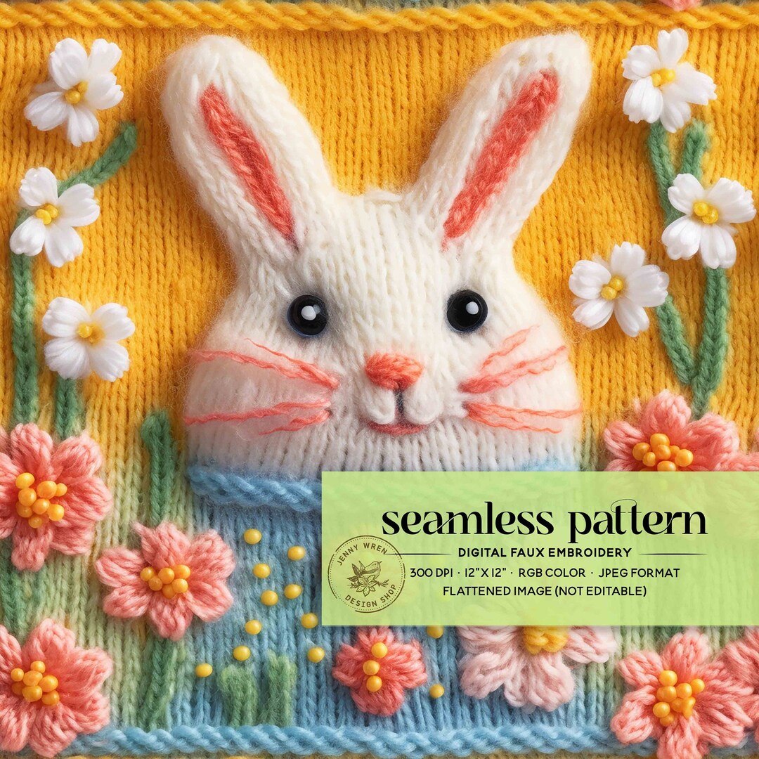 Cute Floral Easter Bunny Faux Embroidery Seamless File, Spring Baby ...