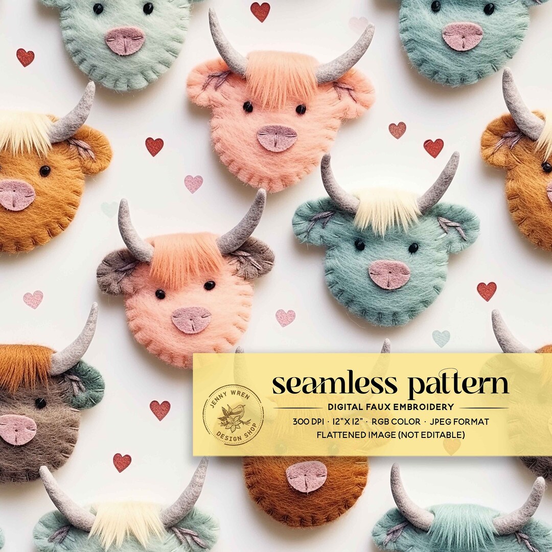 Valentines Day Highland Cow and Hearts Faux Embroidery Seamless File ...