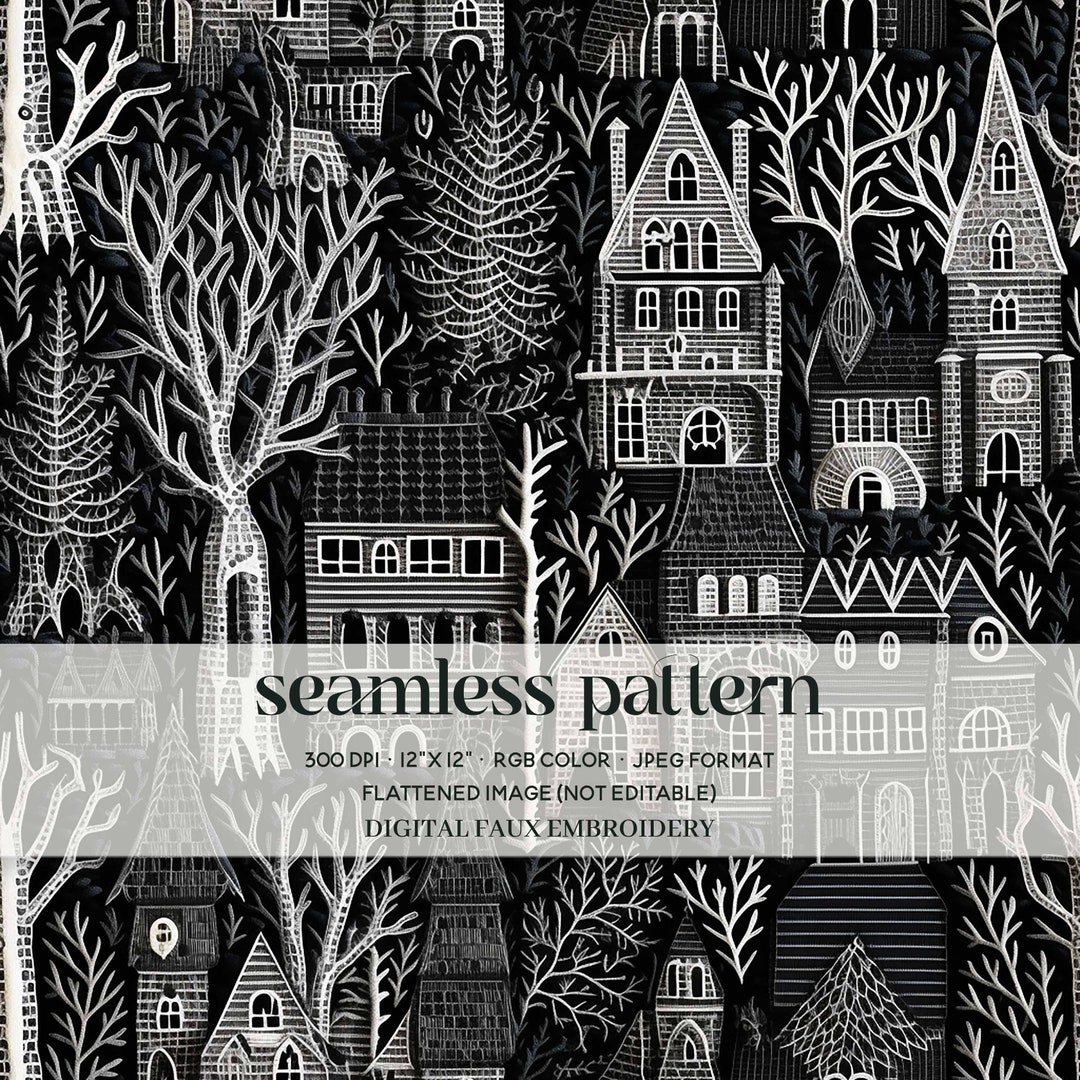 Gothic Haunted House Digital Paper, Dark Halloween Embroidery Seamless ...
