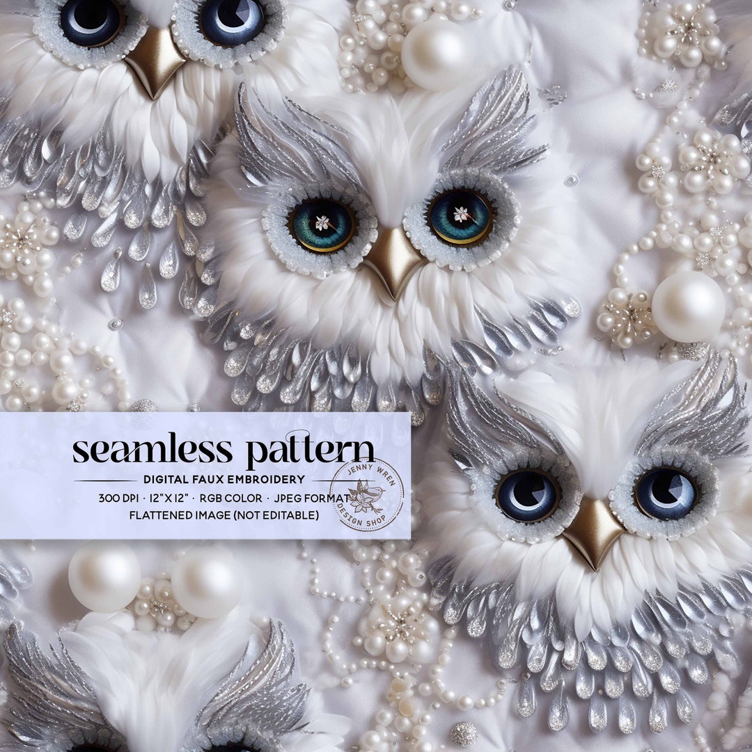 Christmas Owl Faux Embroidery Seamless, Winter Owl Seamless Pattern ...