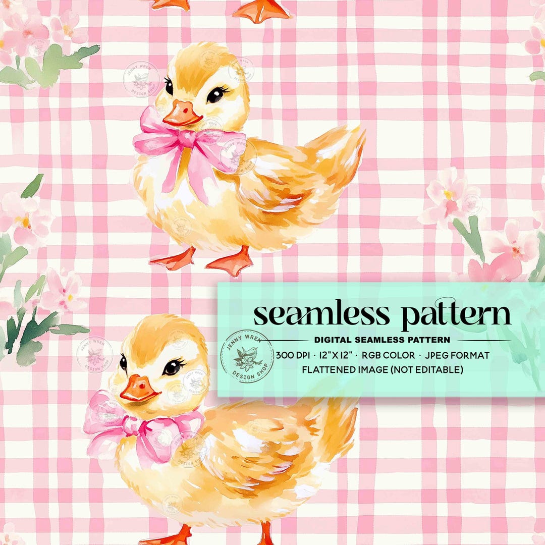Spring Ducks With Pink Bows Seamless Pattern, Retro Pastel Ducks ...