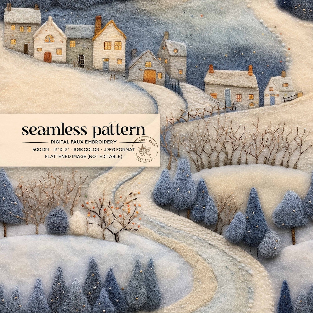 Felt Christmas Village Seamless Pattern, Snowy Winter Faux Embroidery ...