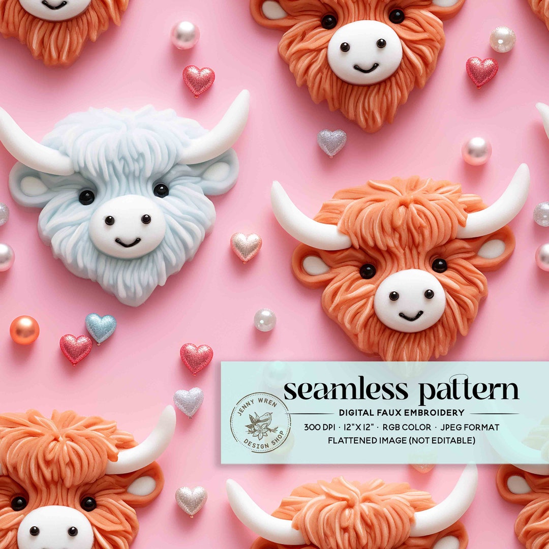 Valentines Day Highland Cow Seamless Pattern, 3D Cute Highland Cow and ...